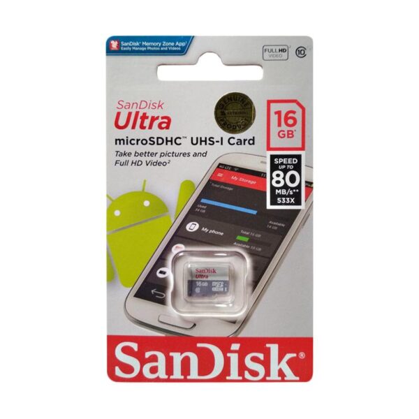 کارت حافظه microSDHC سن دیسک مدل Ultra کلاس 10 استاندارد UHS-I U1 سرعت 80MBps 533X ظرفیت 16 ...